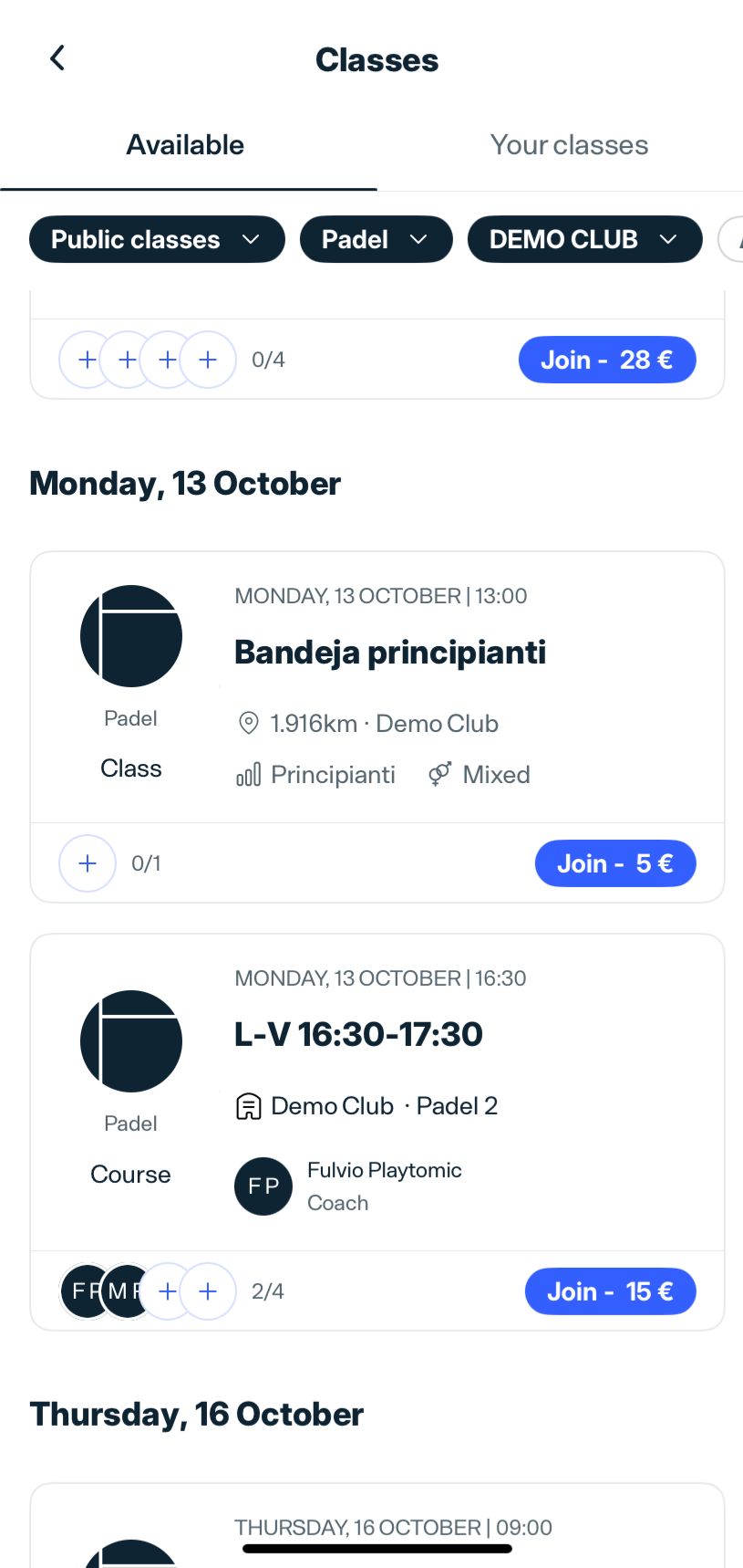 How to join classes offered at a Club – Playtomic Help